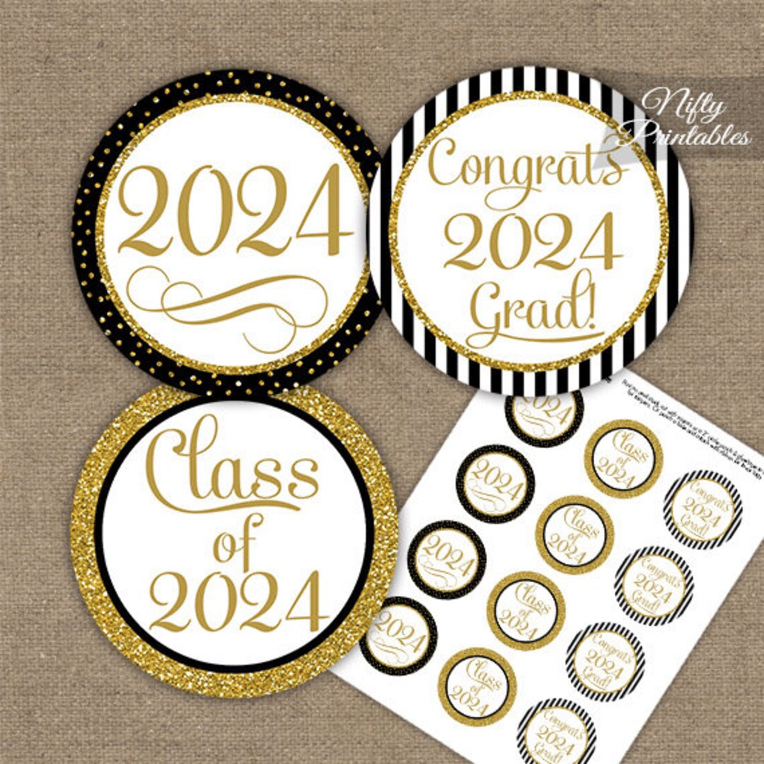 Graduation Cupcake Toppers Black & Gold Glitter Printable 2024 ...