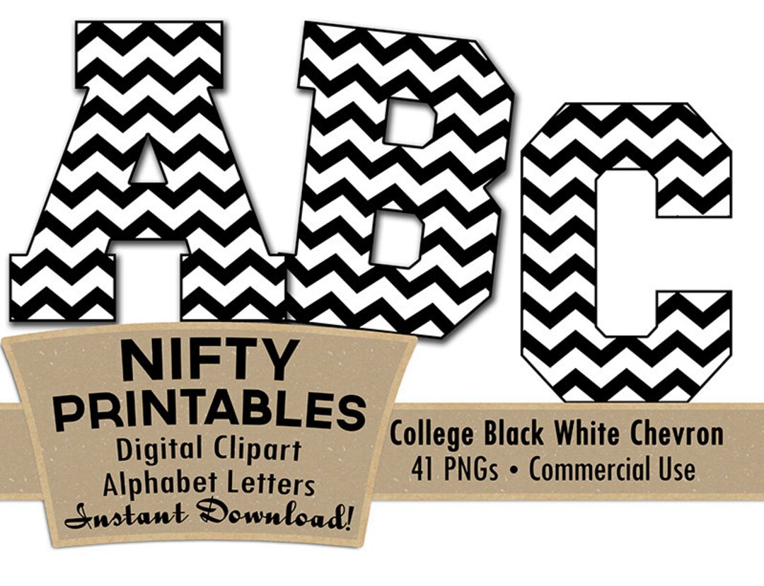 Black White College Chevron Digital Alphabet Letter Set Varsity Letters ...