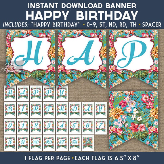 Tropical Birthday Banner Printable Happy Birthday Banner | Etsy