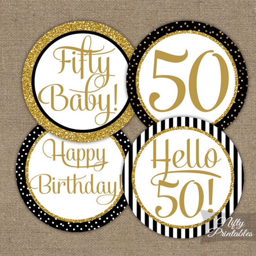 50th Birthday Cupcake Toppers Black Gold Glitter Party Circles