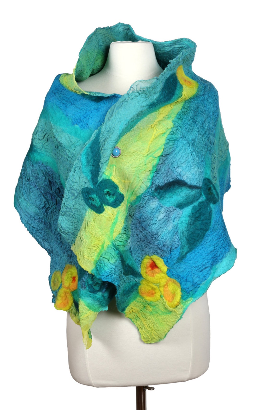 River of Color Teal Shawl Nuno Felt Teal Yellow - Etsy