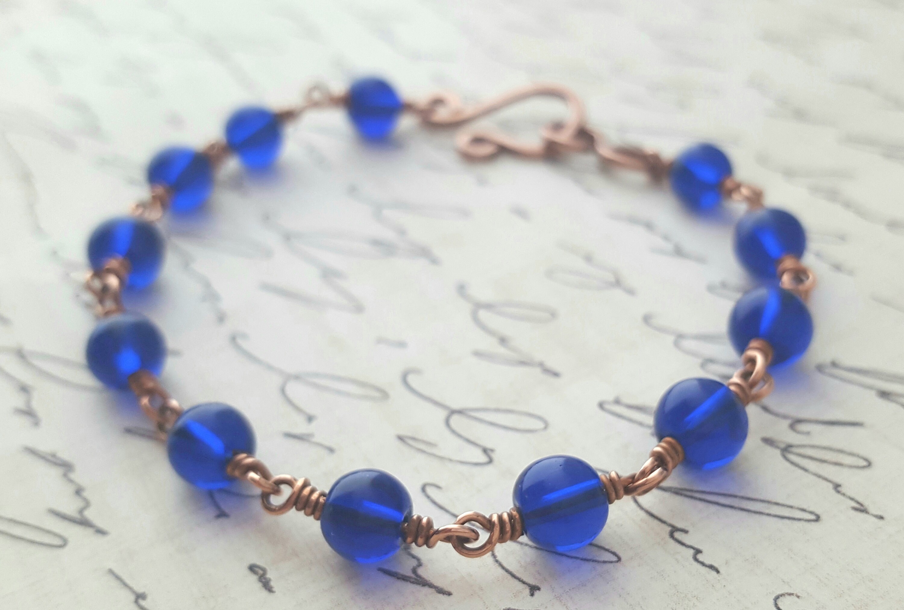 Cobalt Blue Glass Bracelet Copper Wire Bracelet Beaded - Etsy