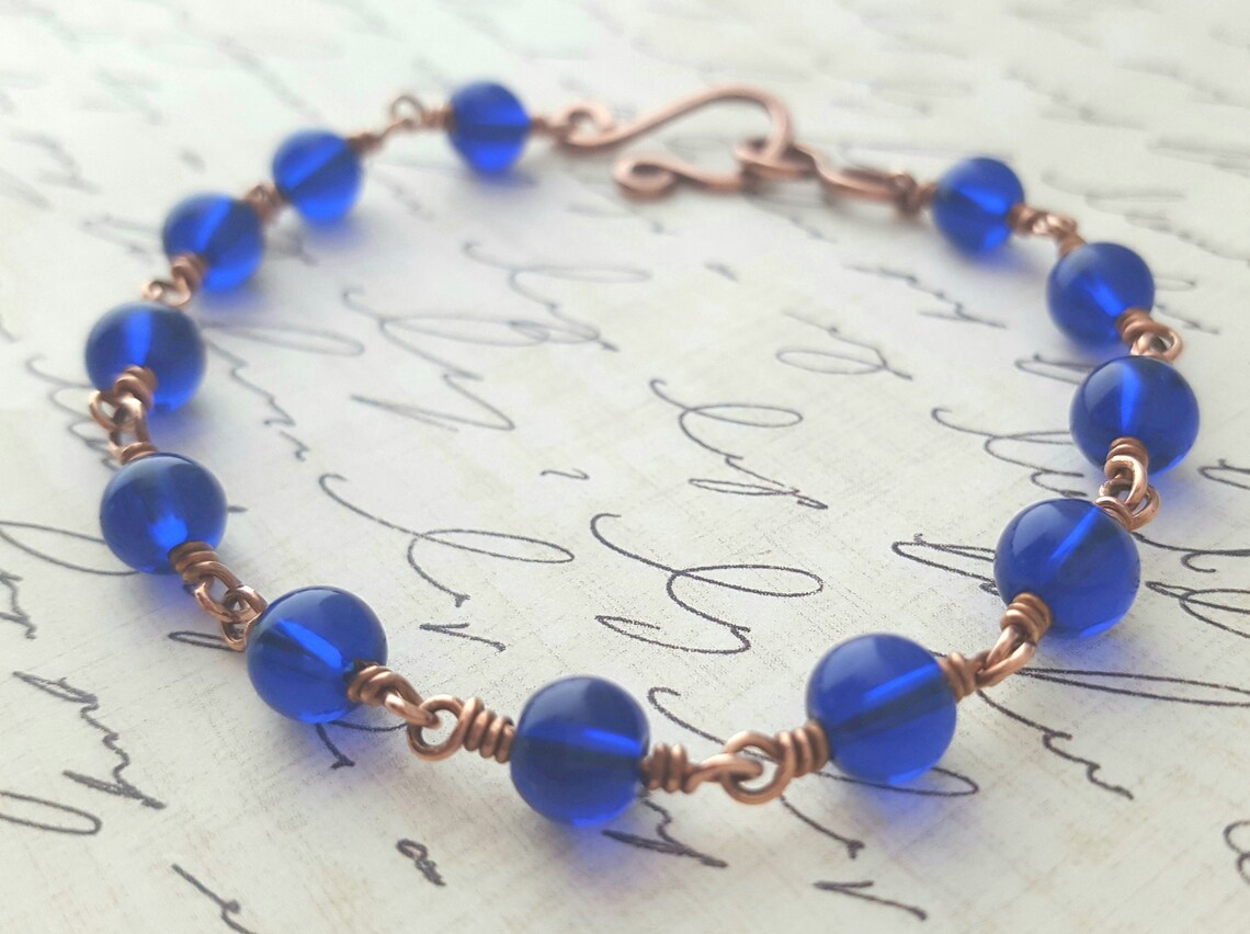 Cobalt Blue Glass Bracelet Copper Wire Bracelet Beaded - Etsy