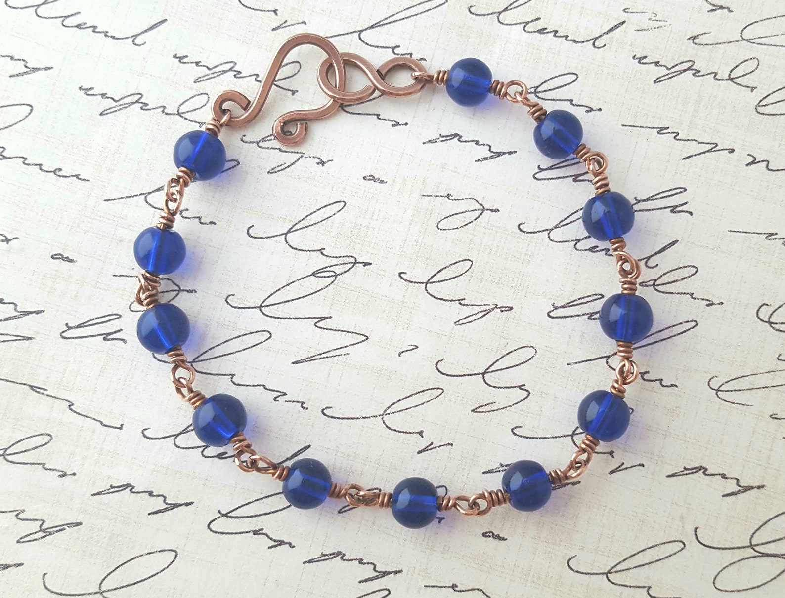 Cobalt Blue Glass Bracelet Copper Wire Bracelet Beaded - Etsy