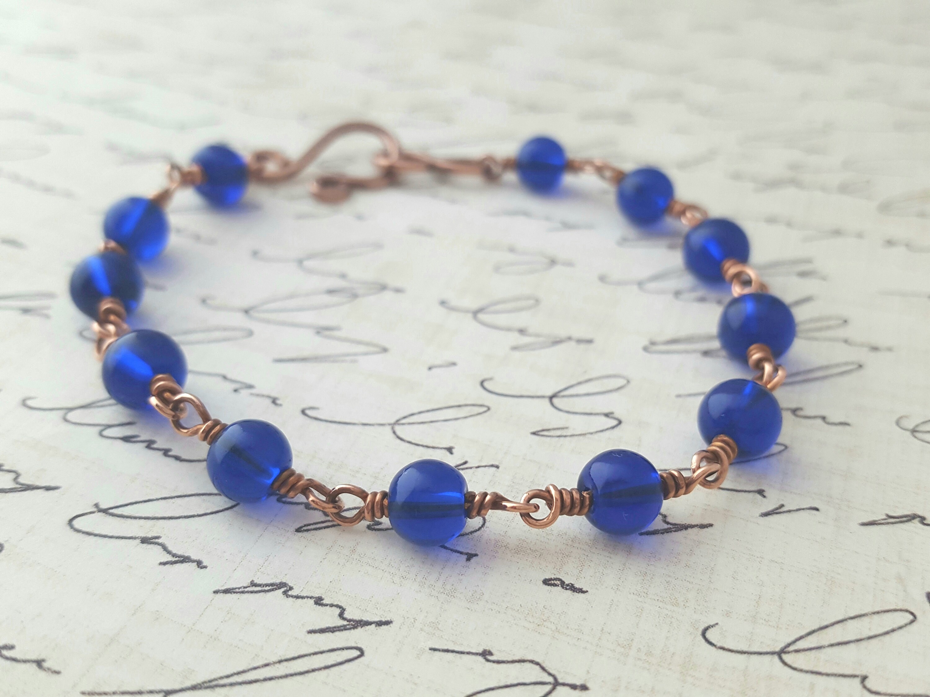 Cobalt Blue Glass Bracelet Copper Wire Bracelet Beaded - Etsy
