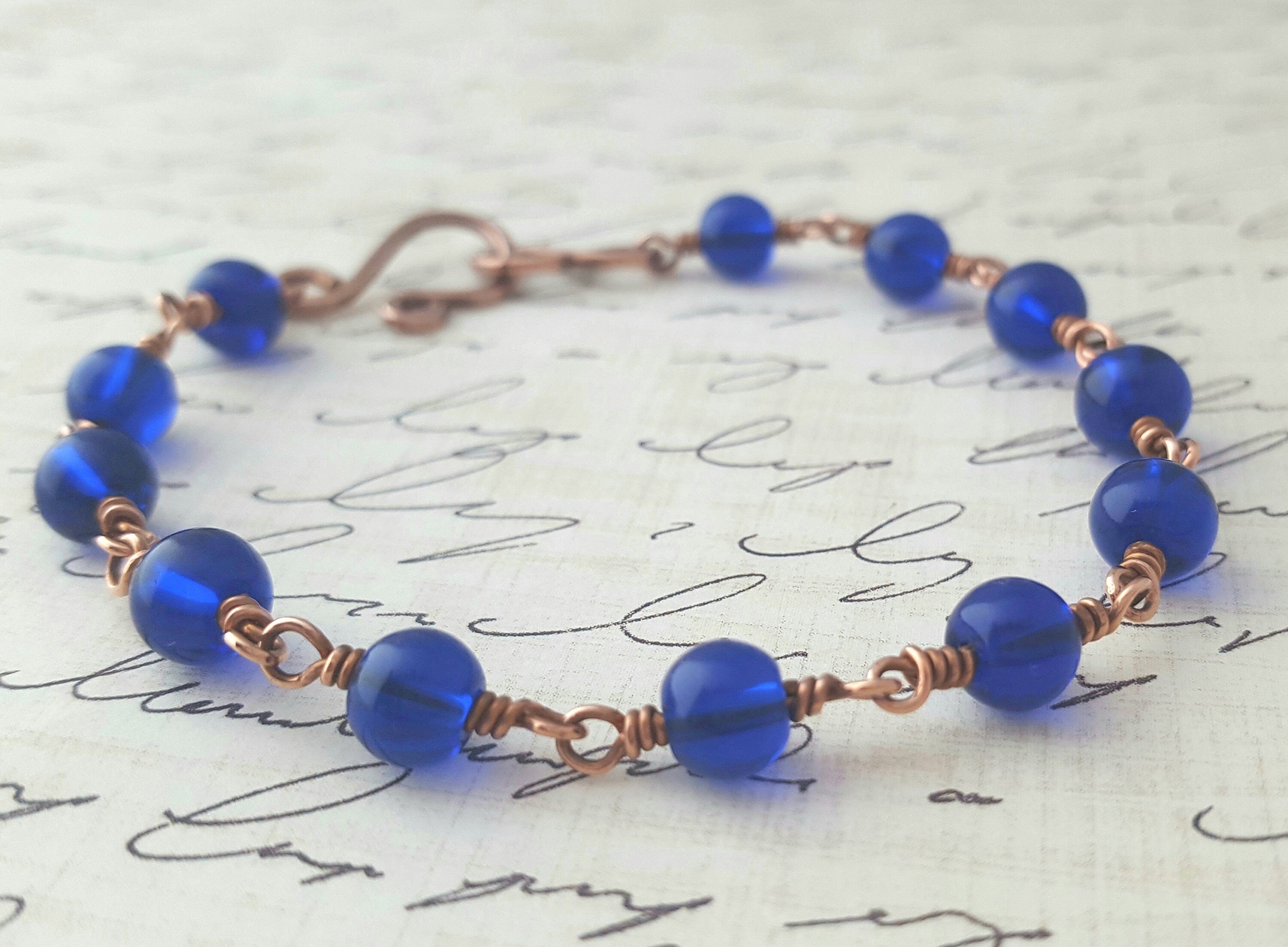 Cobalt Blue Glass Bracelet Copper Wire Bracelet Beaded - Etsy