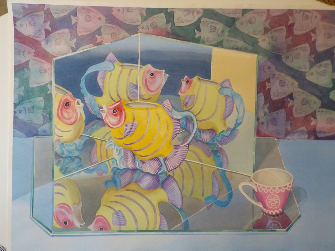 Original Watercolor Painting by Frieda Logan Fish Teapot Mirrors Still ...