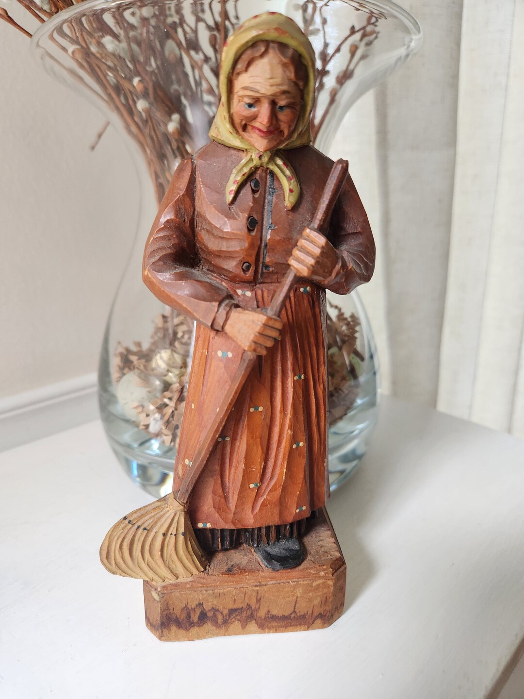 Swiss Wooden Sculture....vintage...woman With Broom - Etsy UK