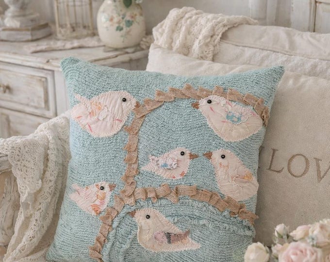 Handmade Vintage Pillow...sea Salt Color...little Birds.... Chenille - Etsy