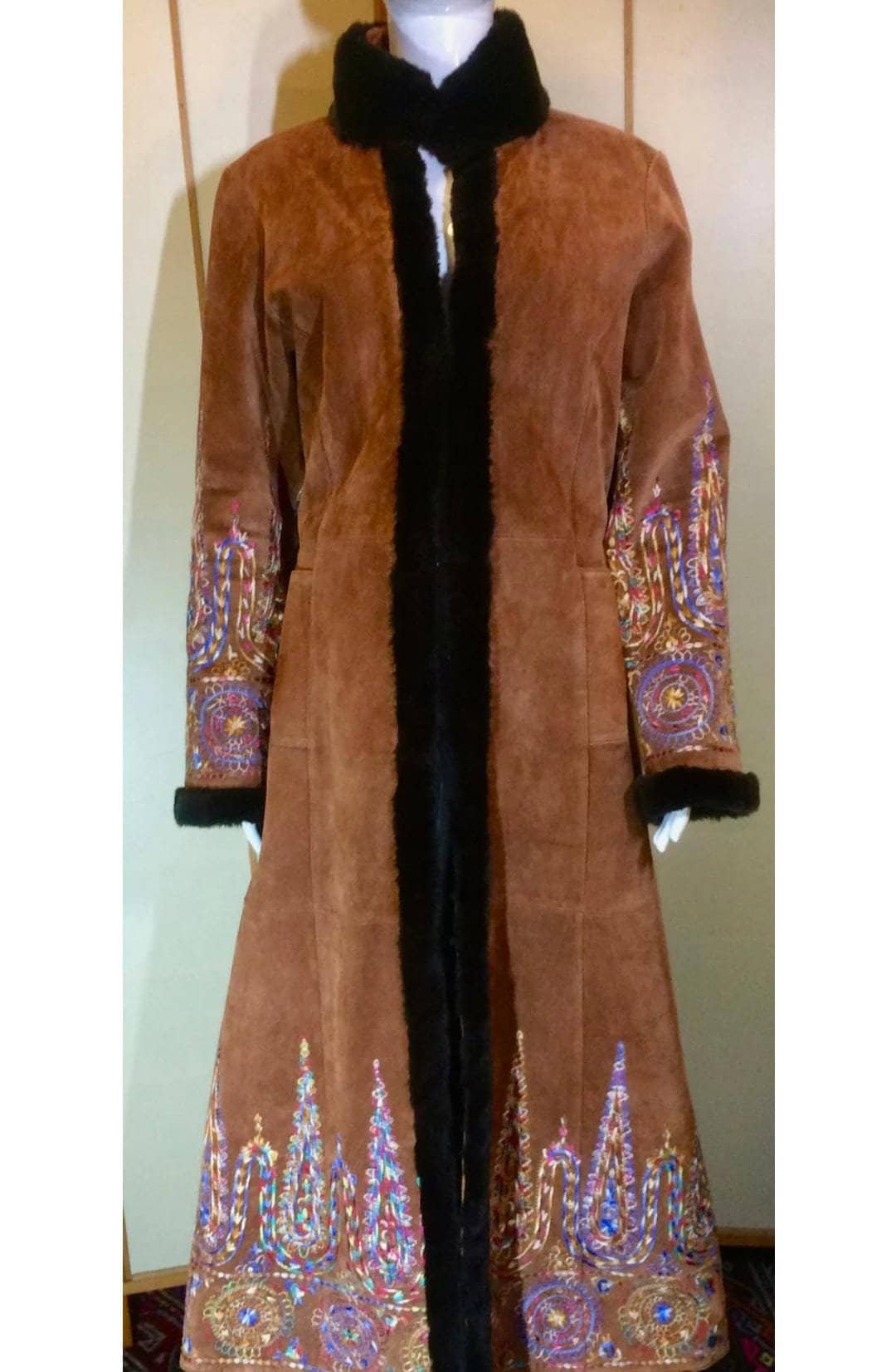 Margaret Godfrey Boho Coat...leather Suede...dark Brown Faux Fur Trim ...