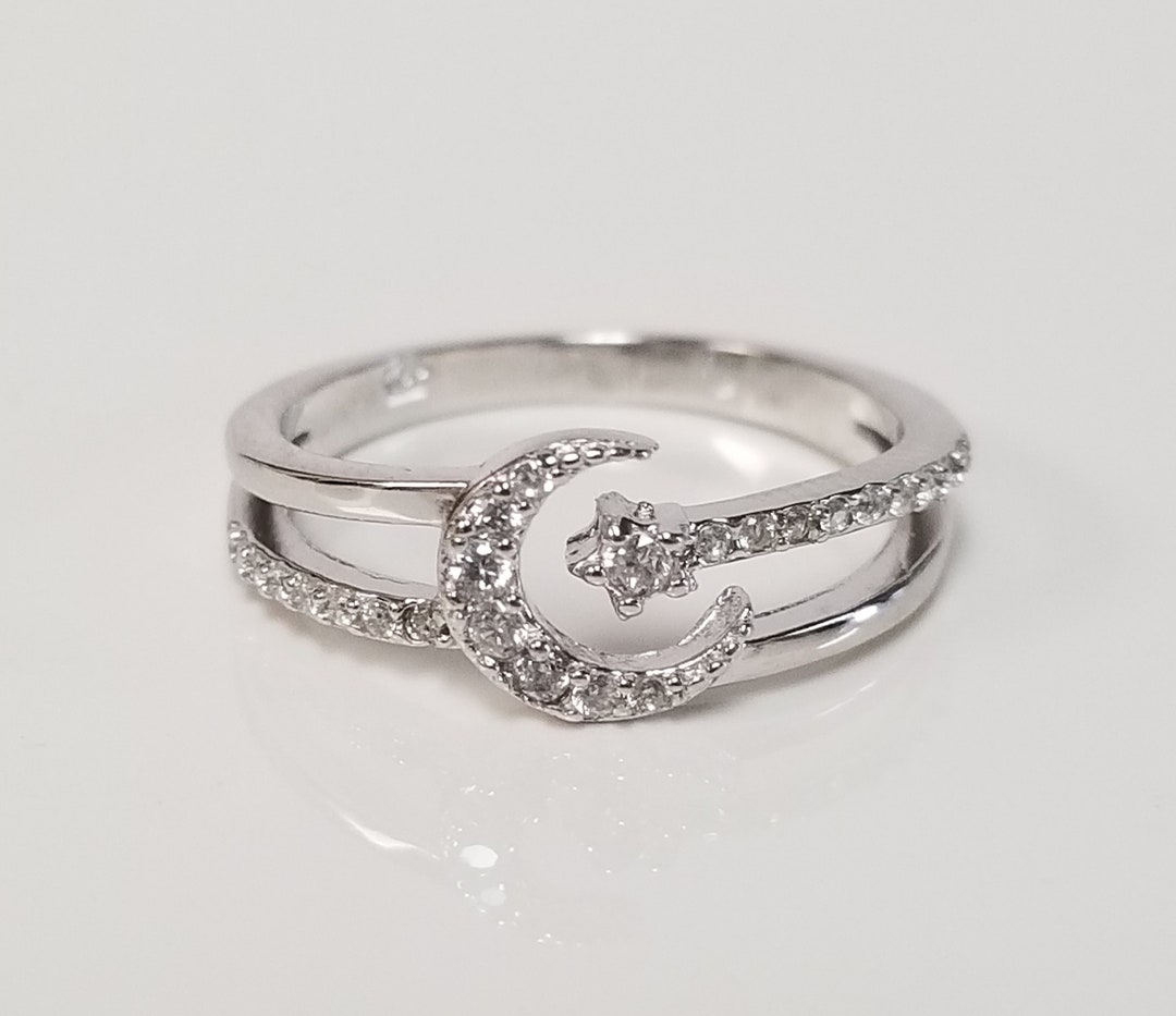 Estate Sterling Silver 925 Crescent Infinity Moon Star Cz Diamond Ring ...