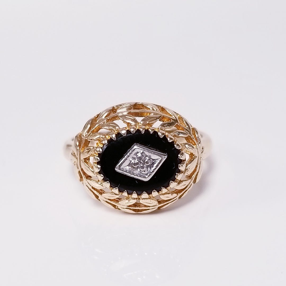 Ring Size 5 Estate 10k Yellow White Gold Black 1ct Onyx Diamond ...