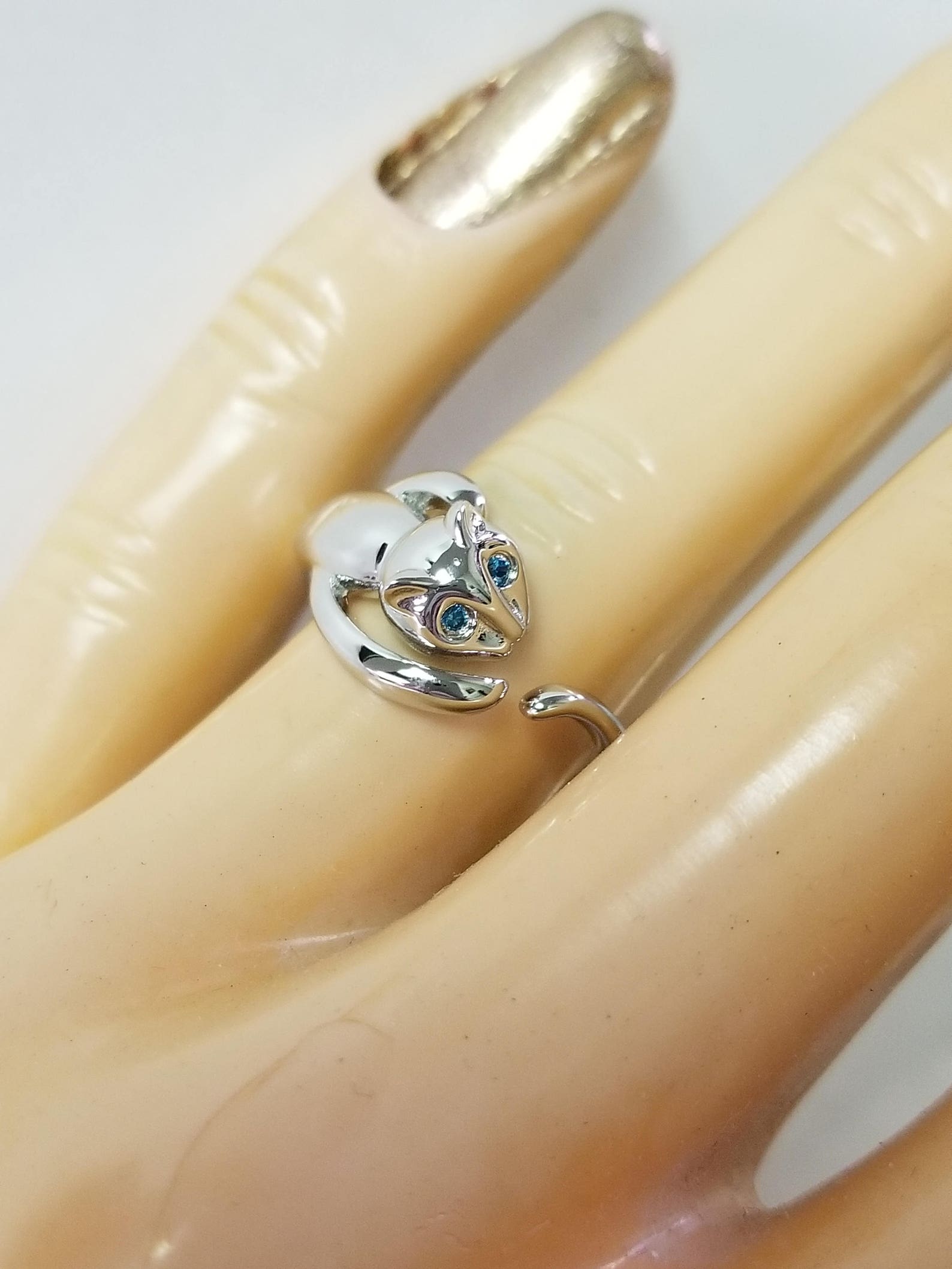 Estate Sterling Silver 925 Cat Blue Topaz Eyes Chasing Tail Design Ring ...