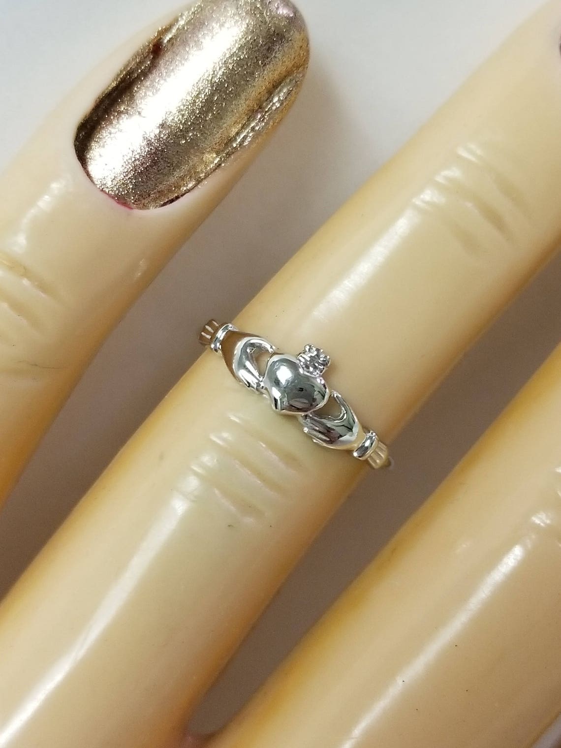 Ring Size 1.5 Estate 14k White Gold Claddagh Irish Heart Hands Crown ...