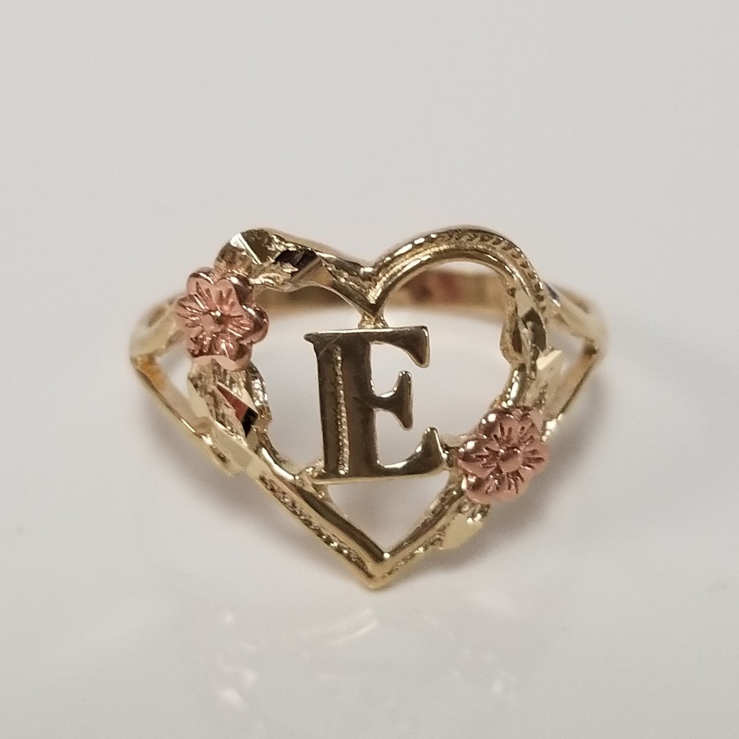 Size 7 Estate 10k Yellow Rose Gold Heart Initial Capital Letter E ...