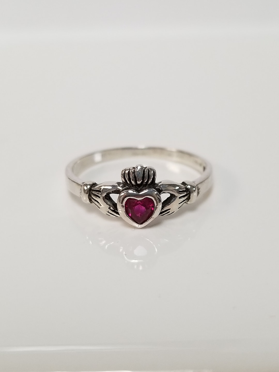 Estate Sterling Silver 925 Heart Fire Ruby Irish Claddagh Ring Midi ...