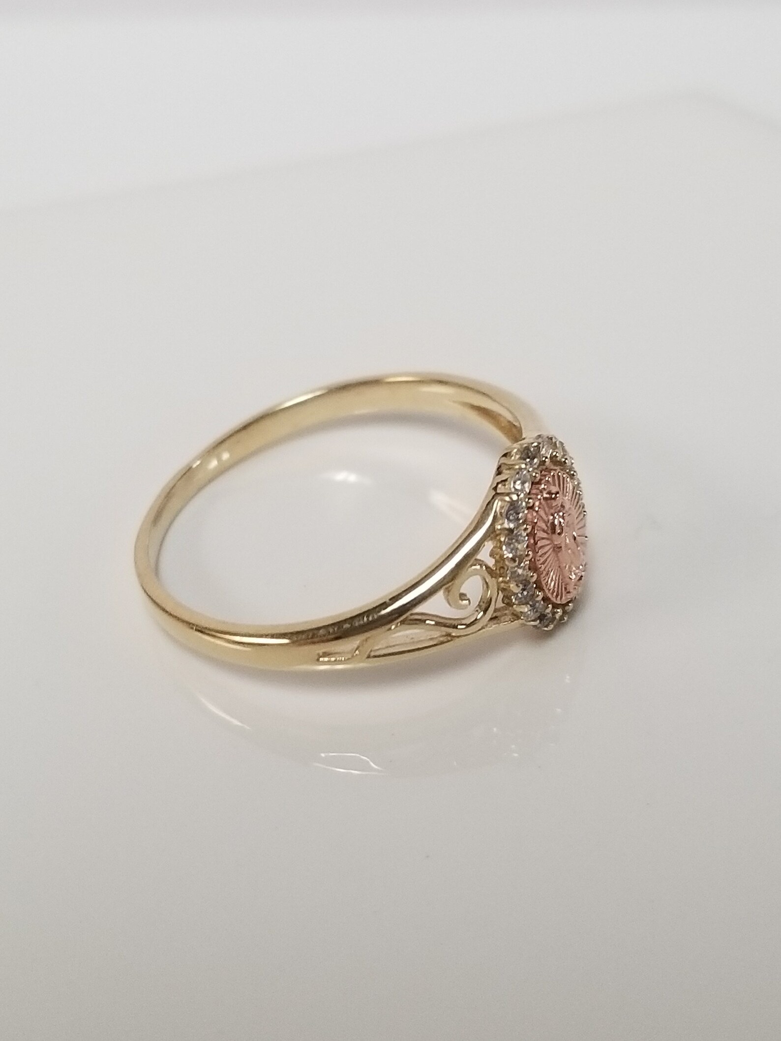 Size 8 Estate 10k Yellow Rose Gold Mother Mary CZ Diamond Pinky Baptism ...