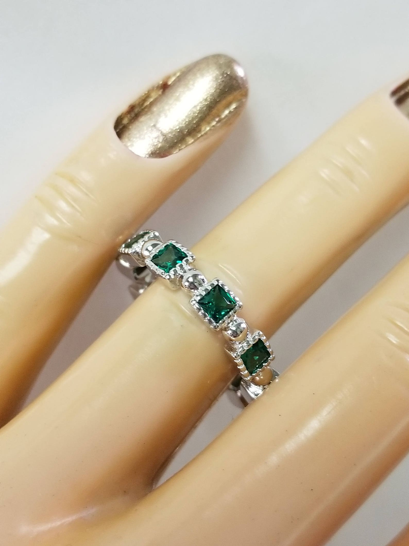 Estate Sterling Silver 925 1ct Emerald Bead Ball Eternity Princess Ring ...