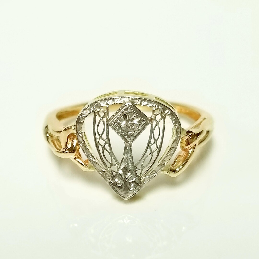 2.40 Grams Ring Size 8 Estate 1930's 14k 10k White Yellow Gold .05ct ...