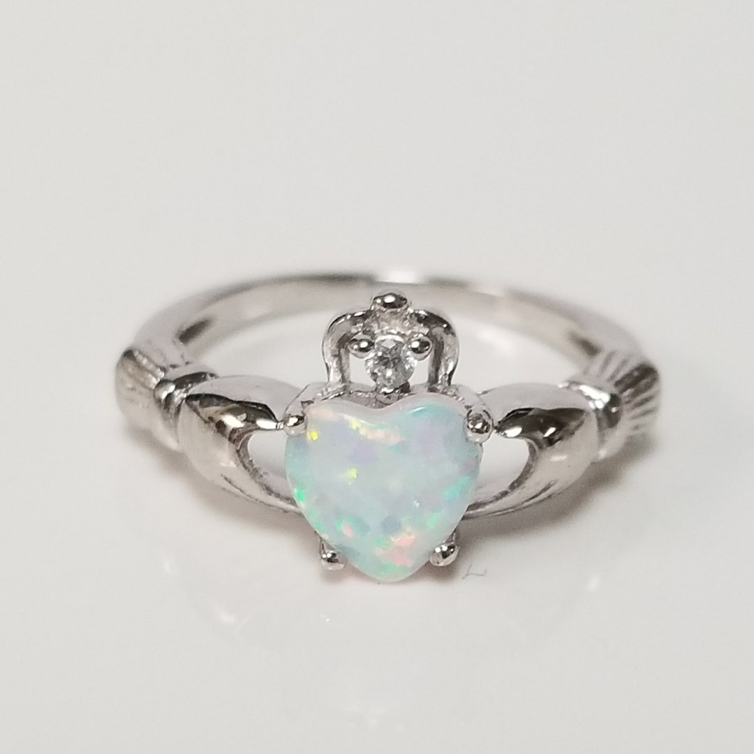 Estate Sterling Silver 925 Heart Fire White Opal Cz Diamond Irish ...