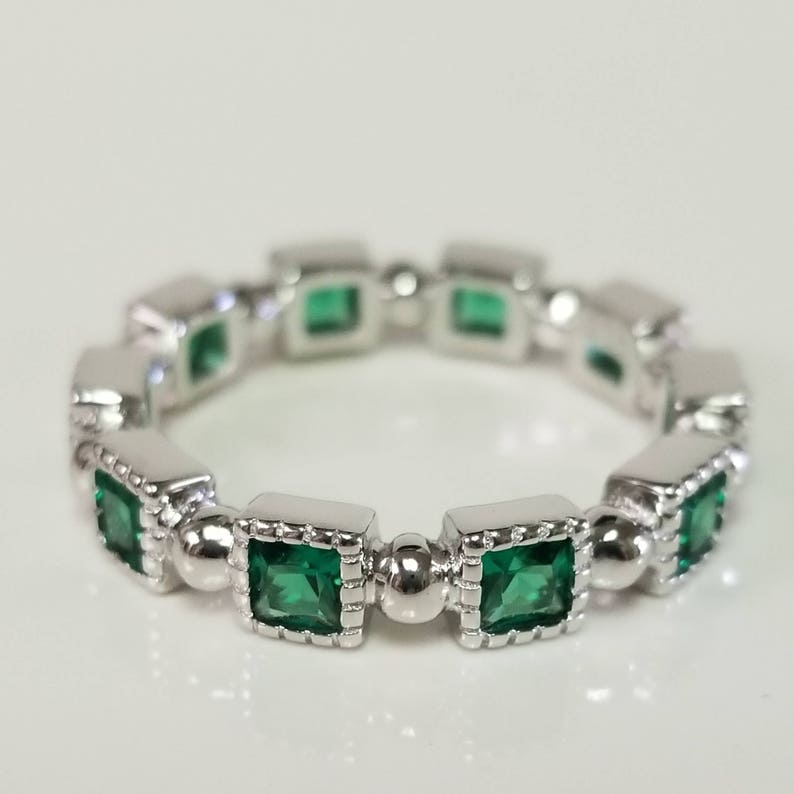 Estate Sterling Silver 925 1ct Emerald Bead Ball Eternity Princess Ring ...