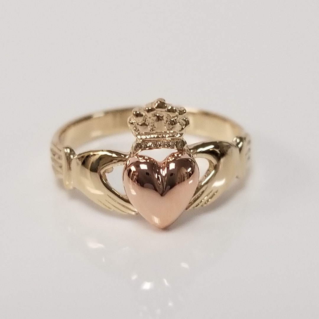 Size 1 Estate 14k Yellow Rose Gold Claddagh Irish Puffed Heart Hands ...