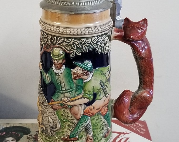9" Gerz Original West Germany Stein Fox Hunters Boar Dogs Pewter Top ...