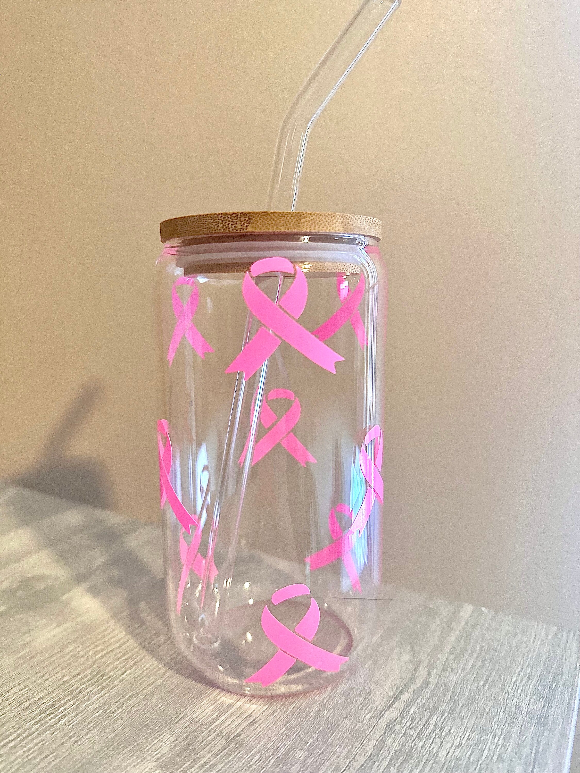 Breast Cancer Awareness Glass Cup, Pink Ribbon Cup, Glass Cup Straw and ...