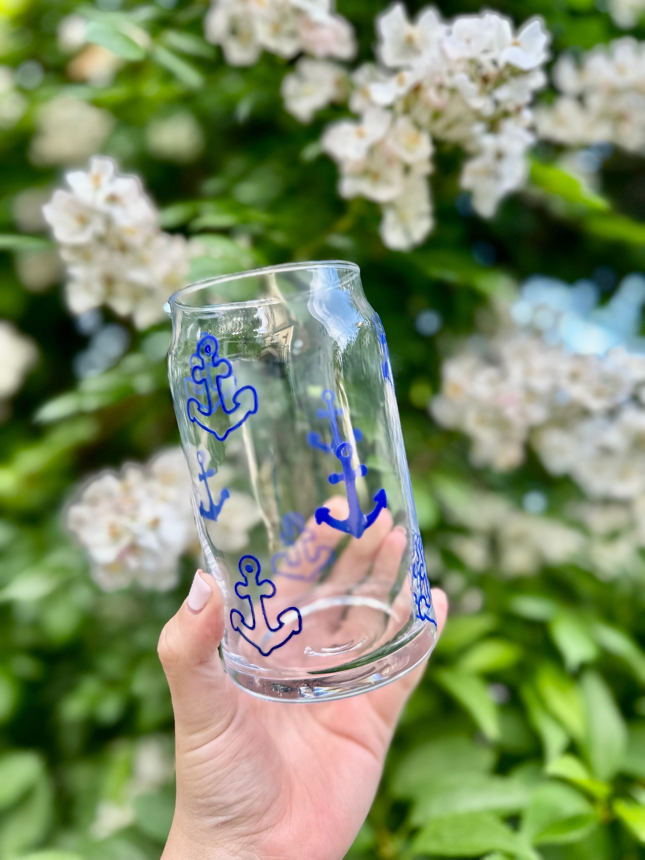 Anchor Glass Cup, Anchor Pattern, Nautical Cups, Glass Cups With Lid ...