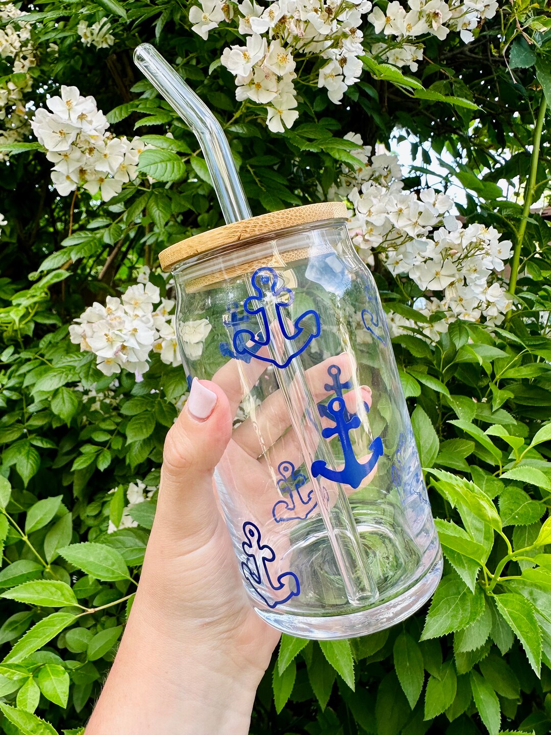 Anchor Glass Cup, Anchor Pattern, Nautical Cups, Glass Cups With Lid ...