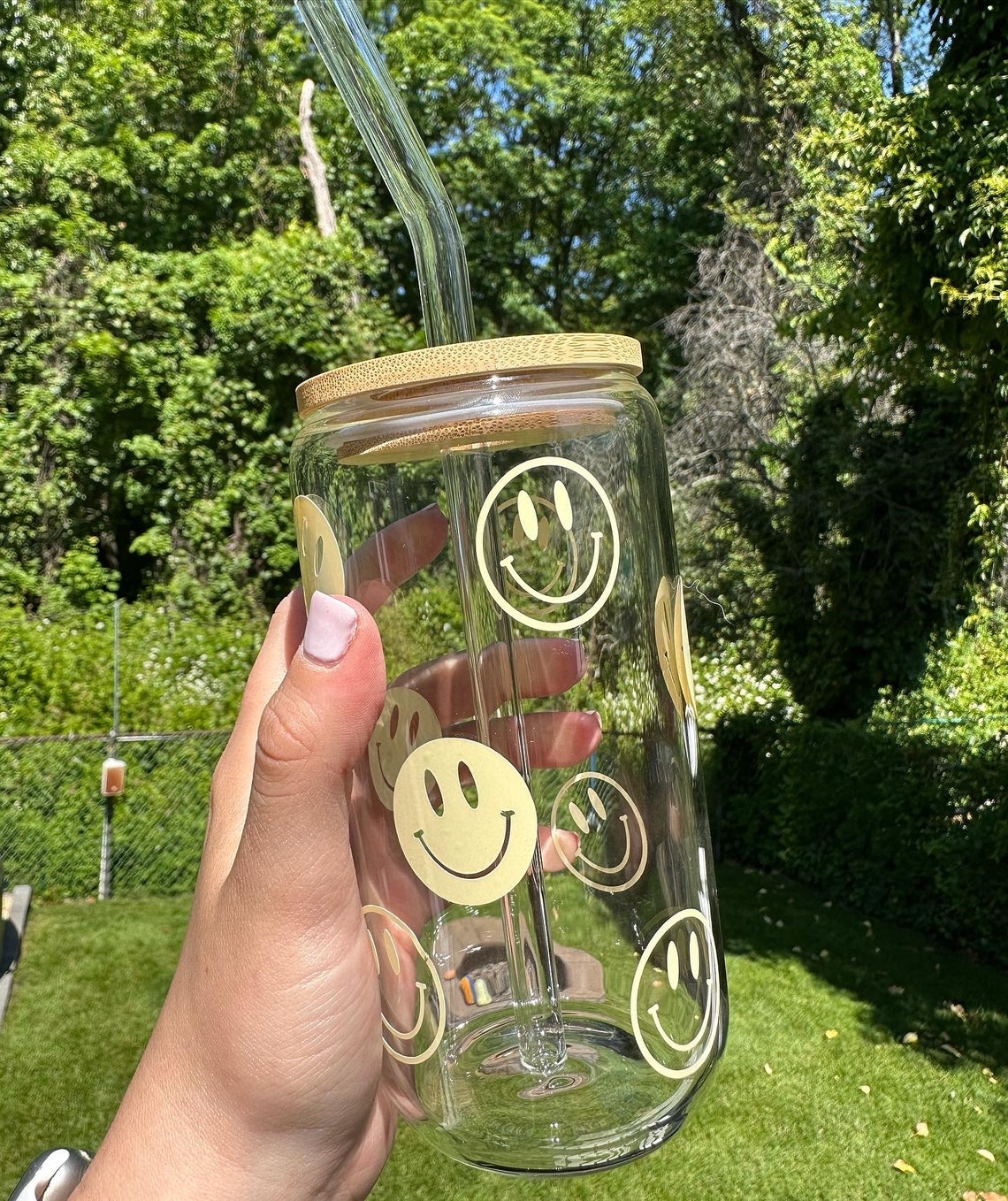 Smiley Face Cups, Glass Cups With Straw and Lid, Smile Cricut Cups ...