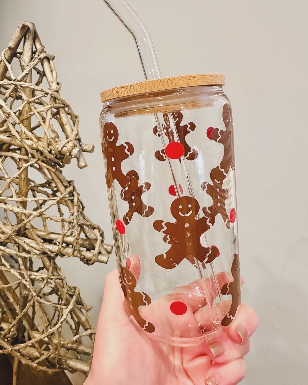 Gingerbread Man Cup, Holiday Cup, Christmas Cup, Glass Cup With Lid and ...