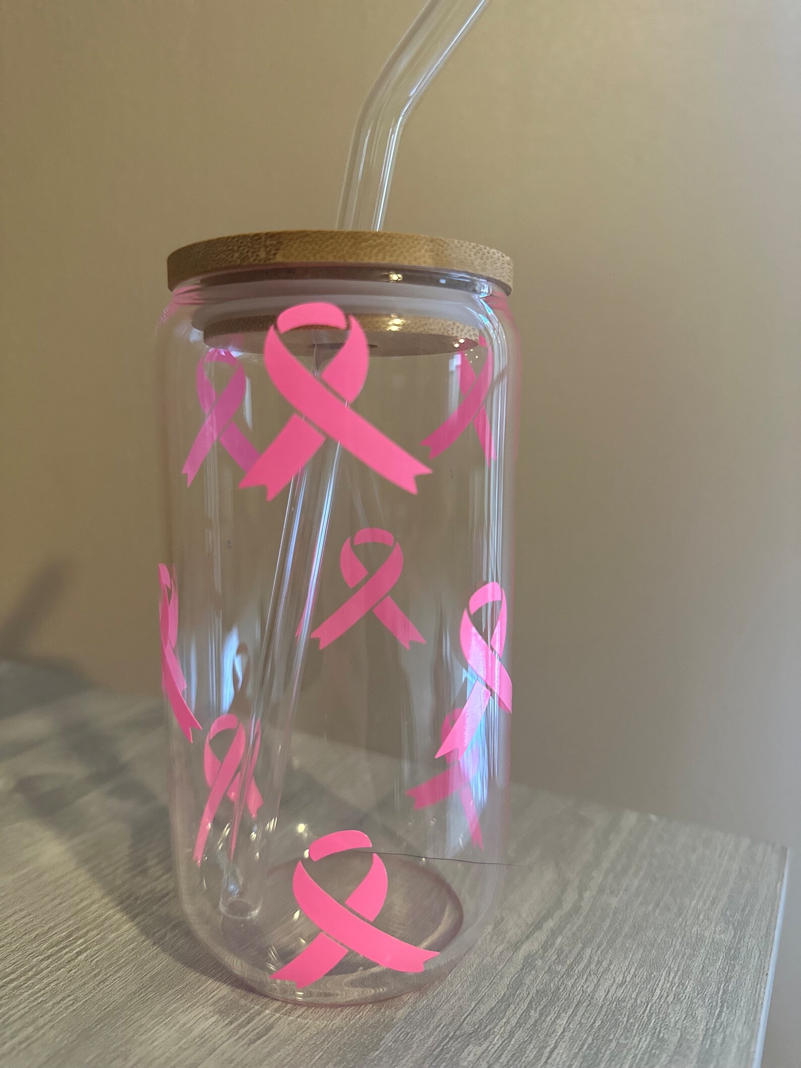 Breast Cancer Awareness Glass Cup, Pink Ribbon Cup, Glass Cup Straw and ...