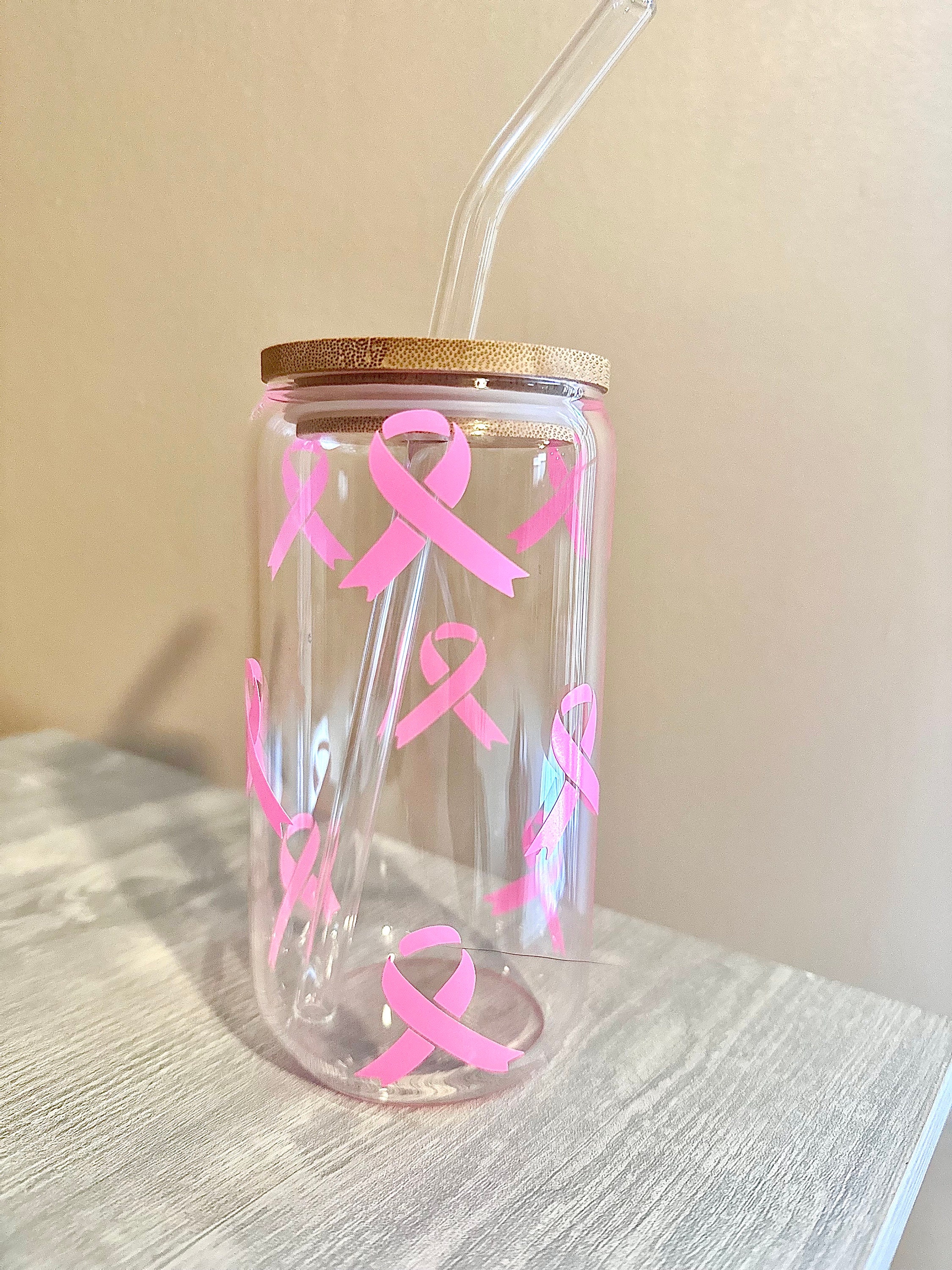 Breast Cancer Awareness Glass Cup, Pink Ribbon Cup, Glass Cup Straw and ...