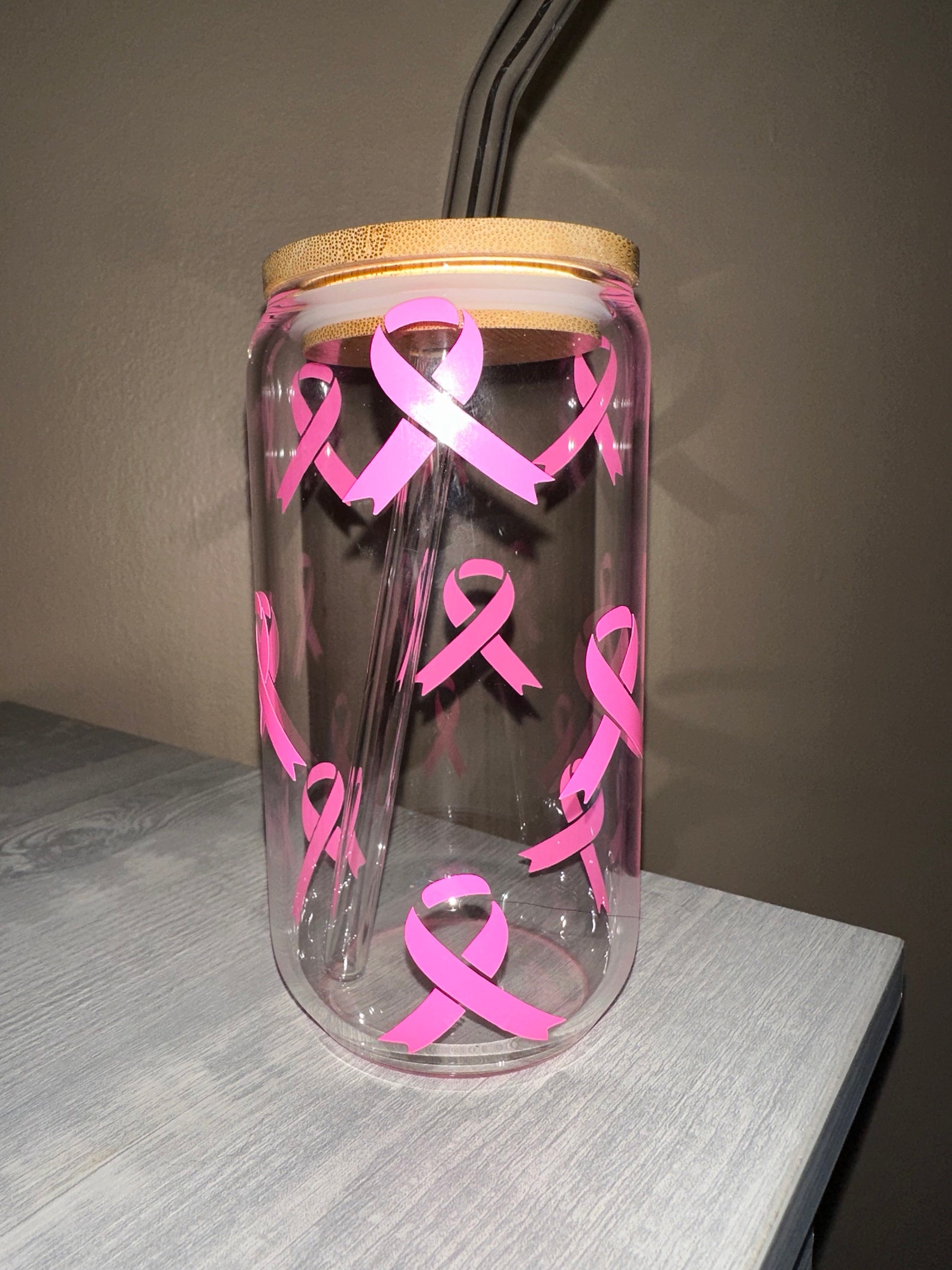 Breast Cancer Awareness Glass Cup, Pink Ribbon Cup, Glass Cup Straw and ...