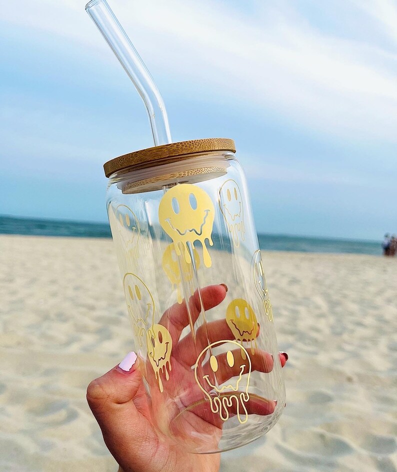 Melting Smiley Face Cups, Glass Cups With Straw and Lid, Smile Melly ...