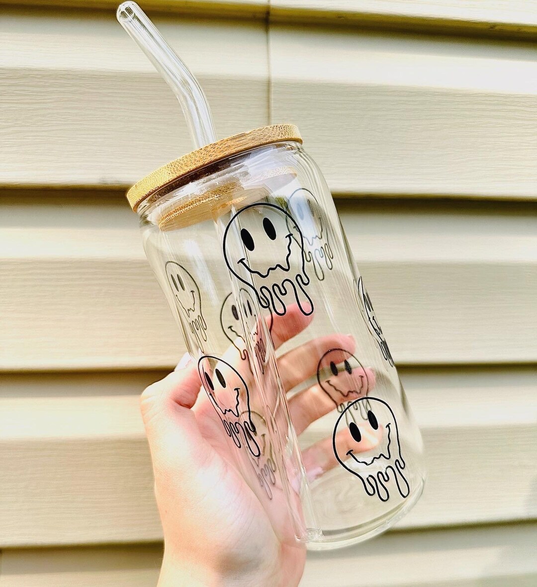 Melting Smiley Face Cups, Glass Cups With Straw and Lid, Smile Melly ...