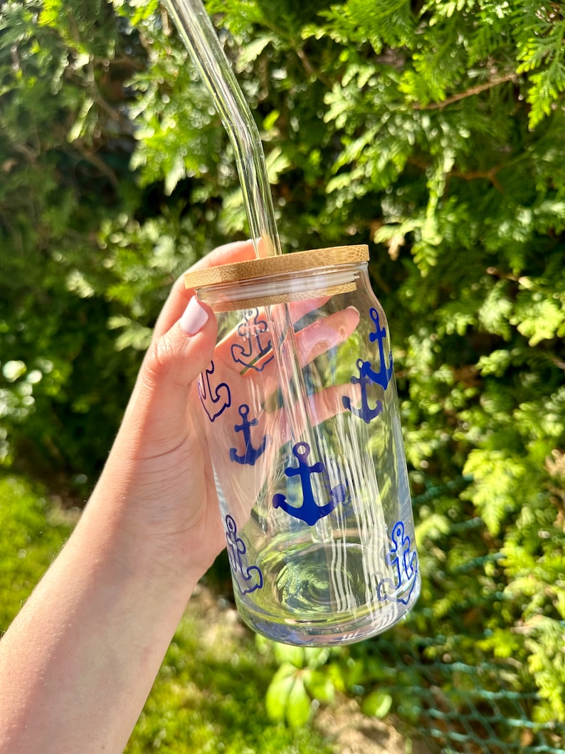 Anchor Glass Cup, Anchor Pattern, Nautical Cups, Glass Cups With Lid ...