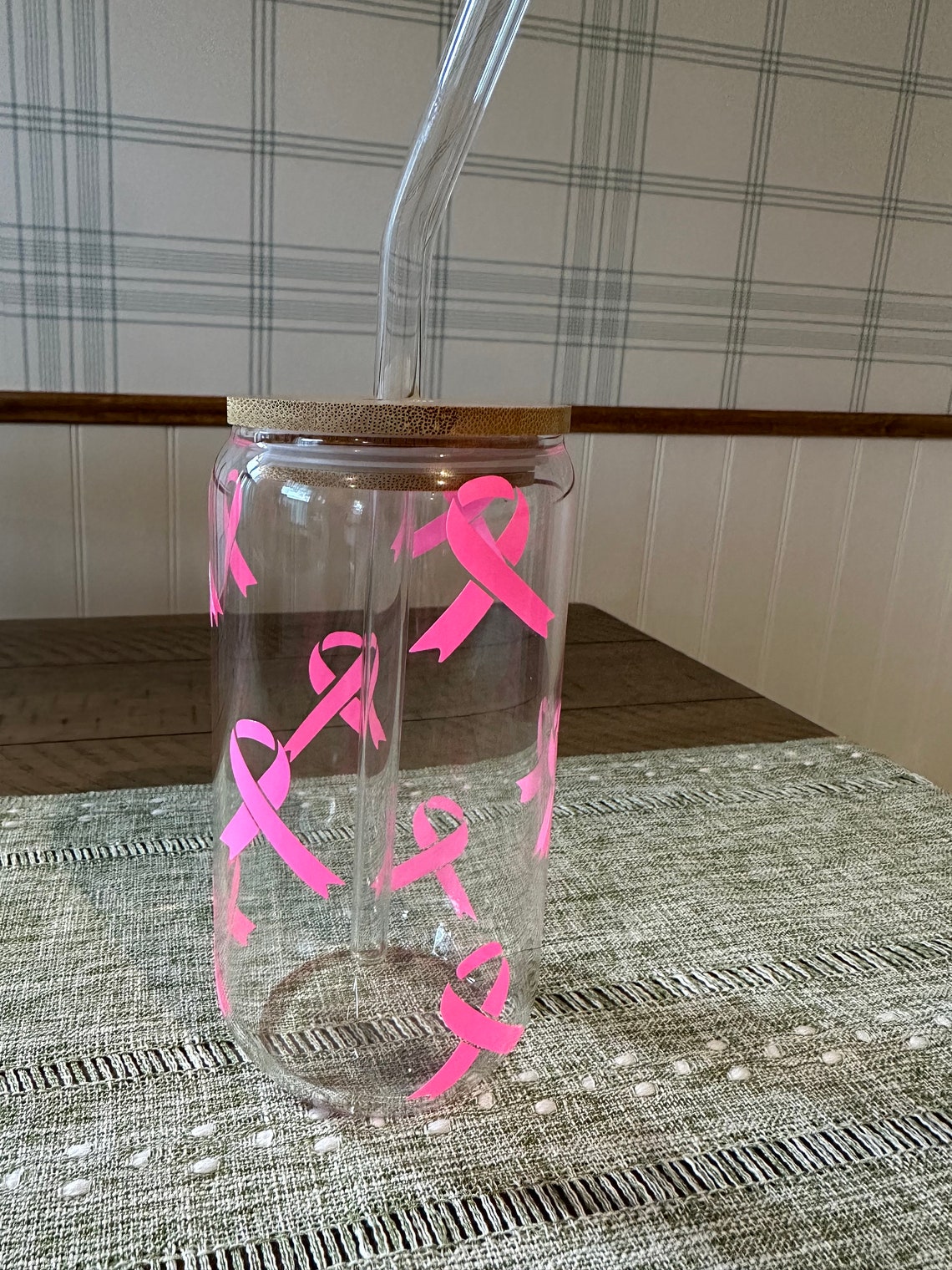 Breast Cancer Awareness Glass Cup, Pink Ribbon Cup, Glass Cup Straw and ...
