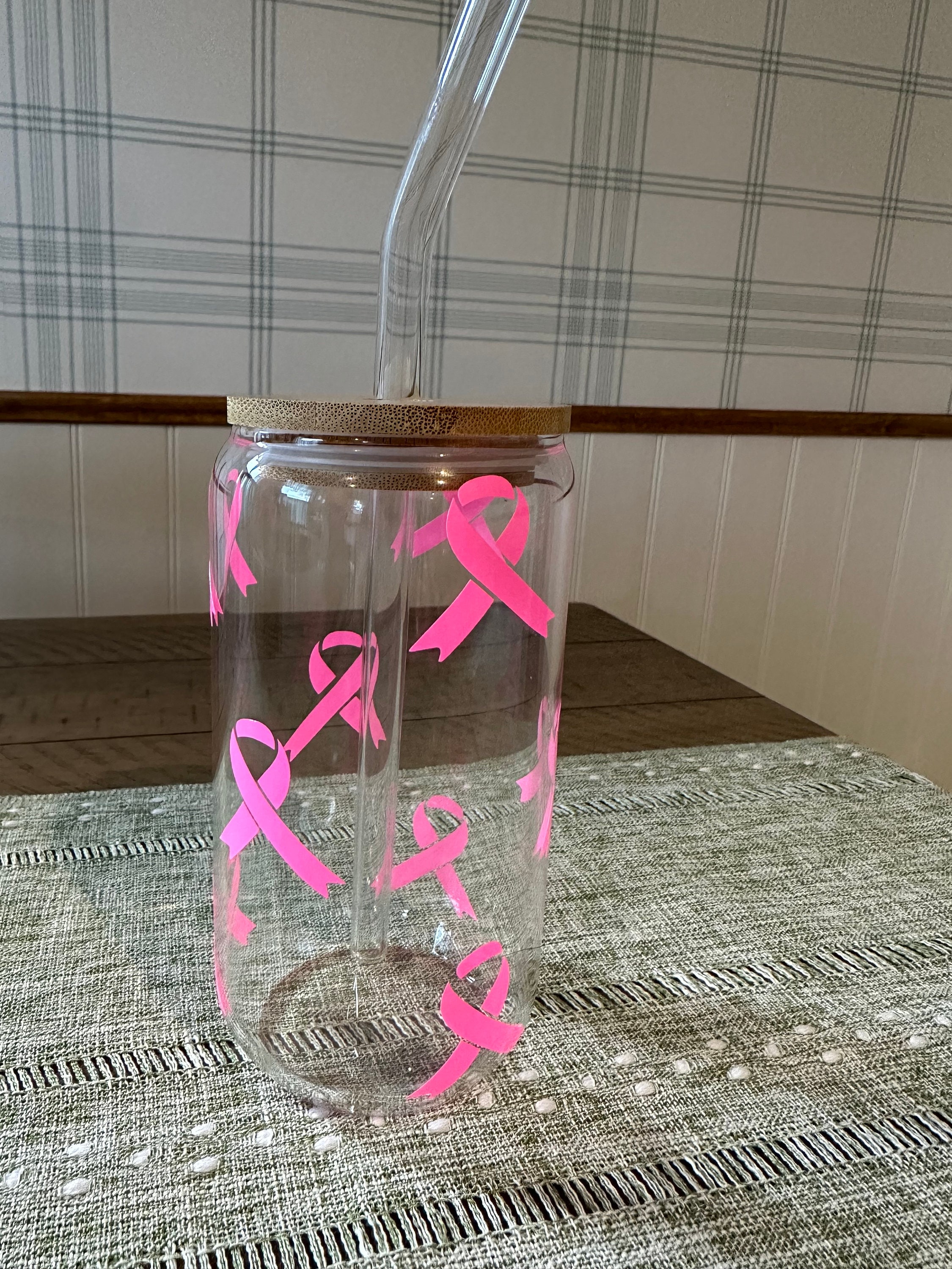 Breast Cancer Awareness Glass Cup, Pink Ribbon Cup, Glass Cup Straw and ...