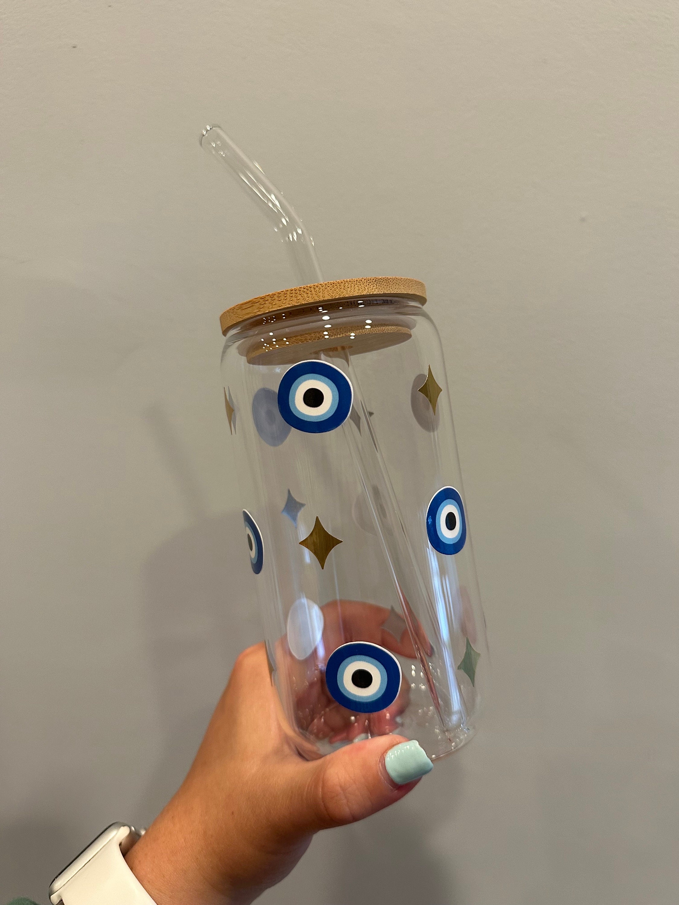 Evil Eye Cup, Hamsa Cup, Evil Eyes, Glass Cups With Straw and Lid, Evil ...