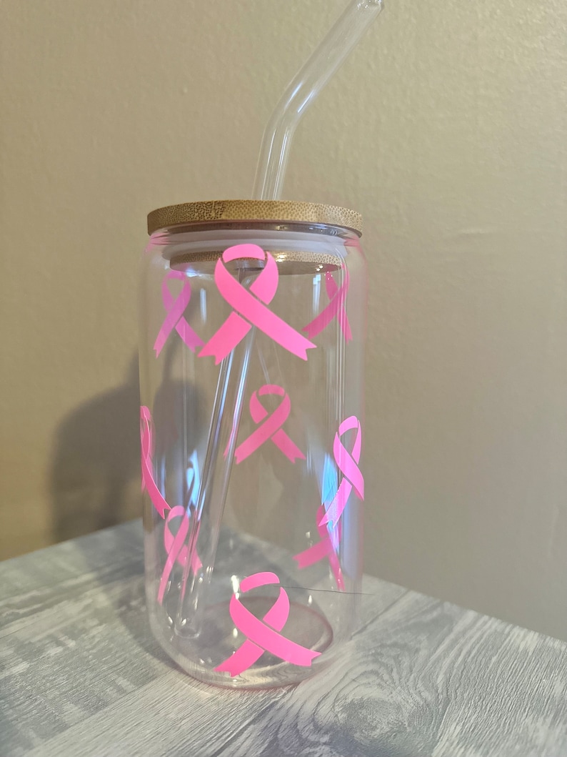 Breast Cancer Awareness Glass Cup, Pink Ribbon Cup, Glass Cup Straw and ...