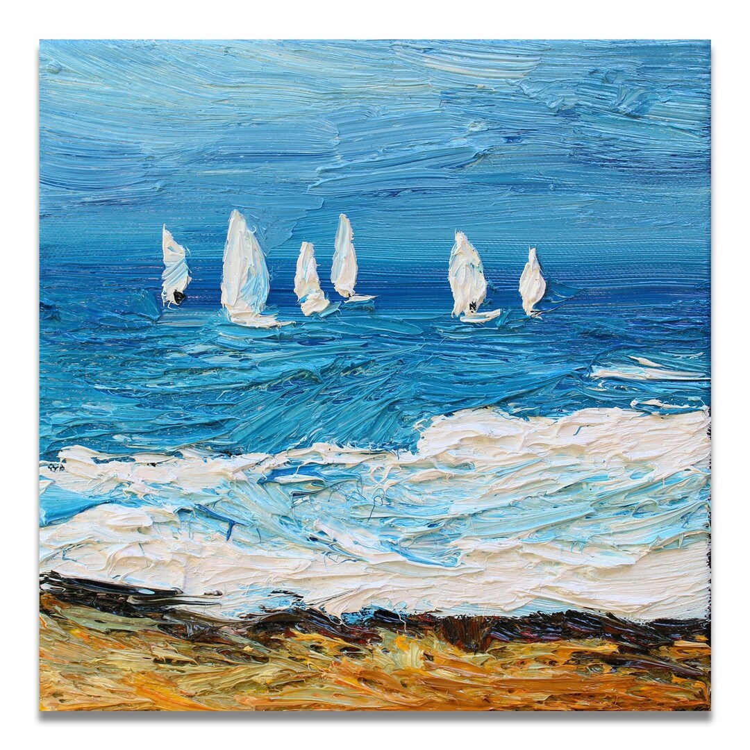 Sailboats Small Oil Painting, Original Seascape Painting on Stretched ...