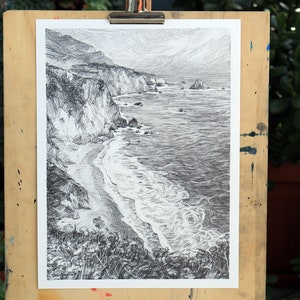 Original Seascape Pencil Drawing, Sea Waves Art, Coastal Graphite ...