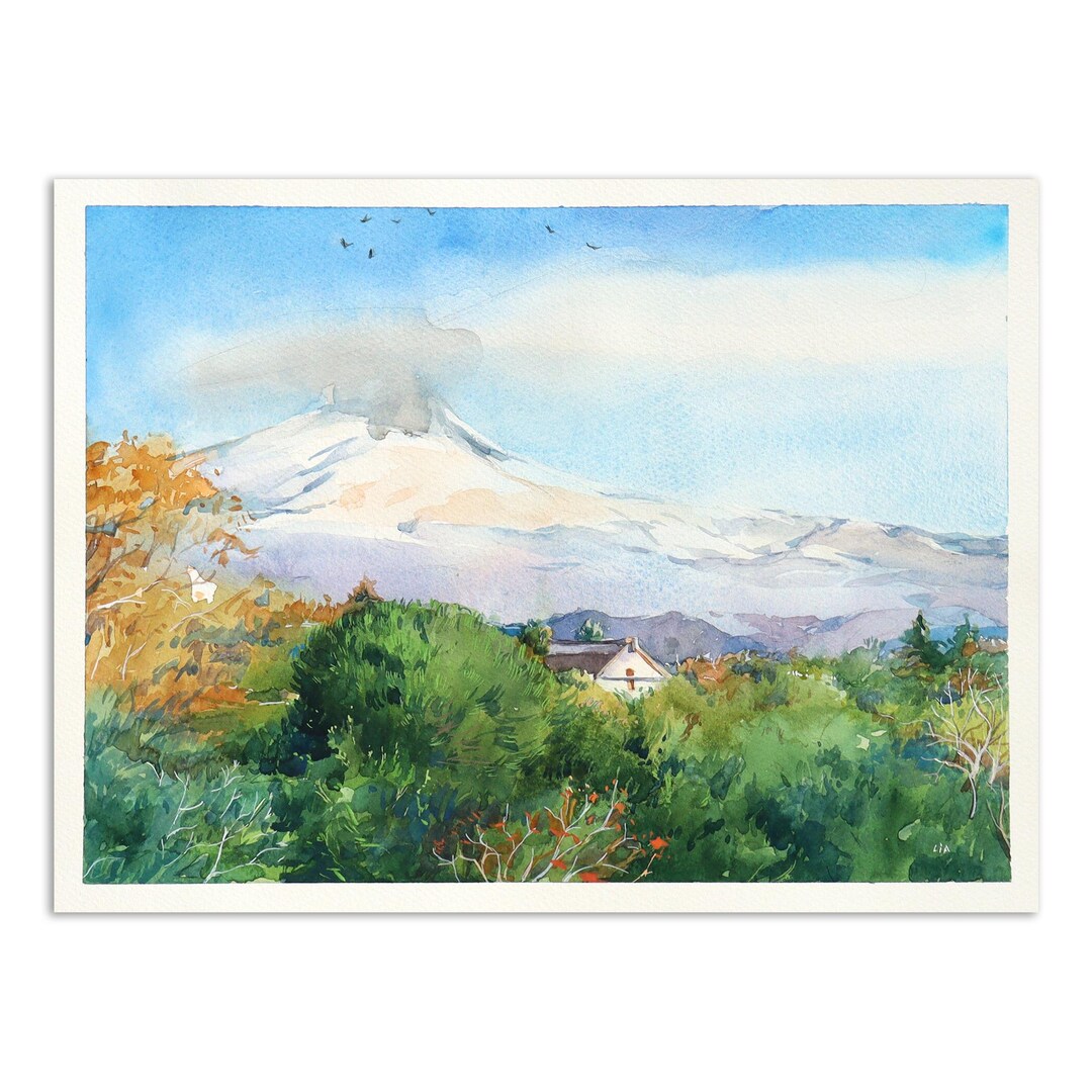Mount Etna Watercolor Painting – Hand-painted Landscape Artwork, Nature ...