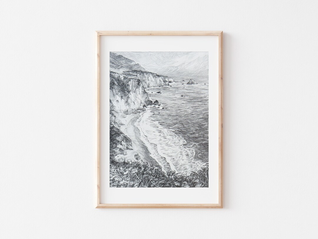 Original Seascape Pencil Drawing, Sea Waves Art, Coastal Graphite ...