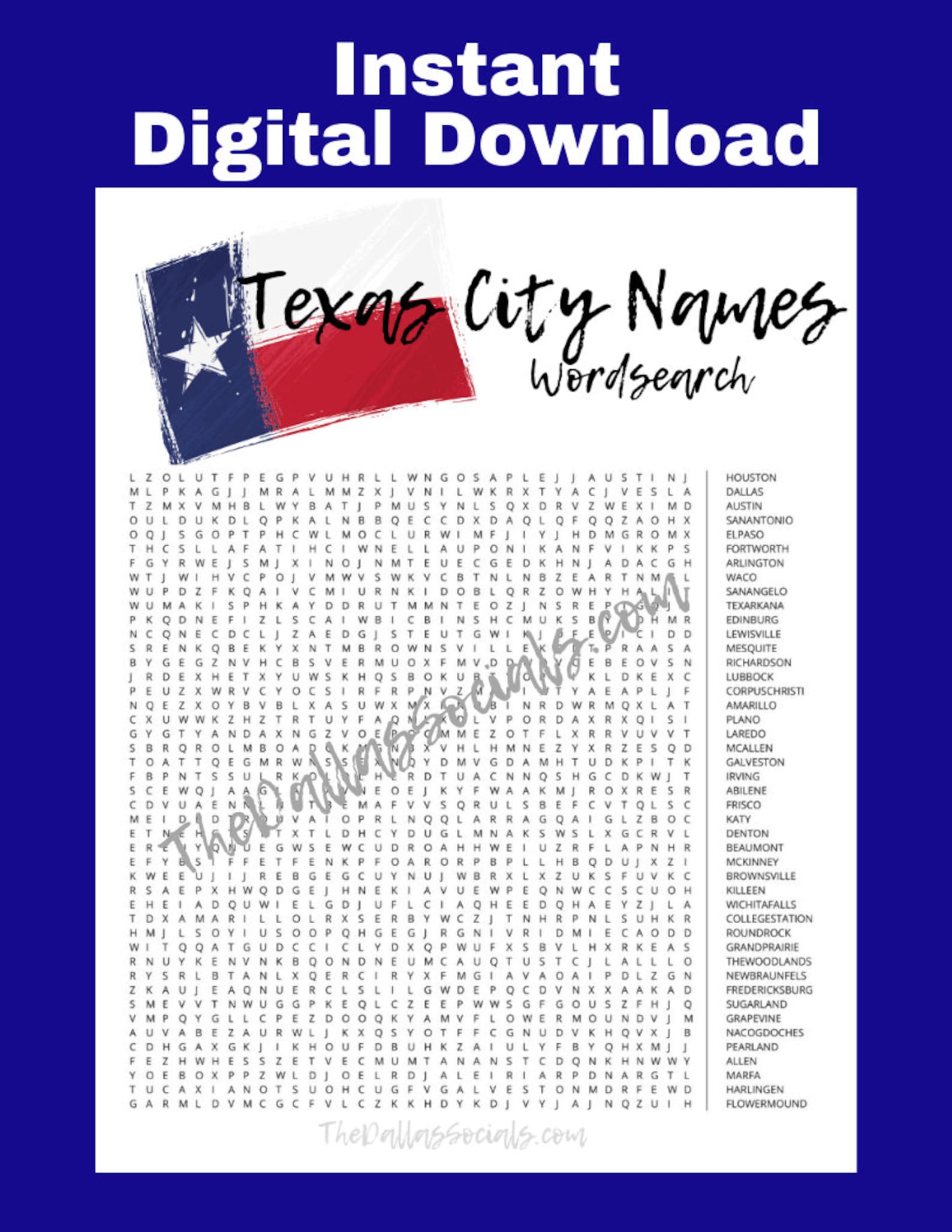 Texas City Names Wordsearch Printable - Etsy