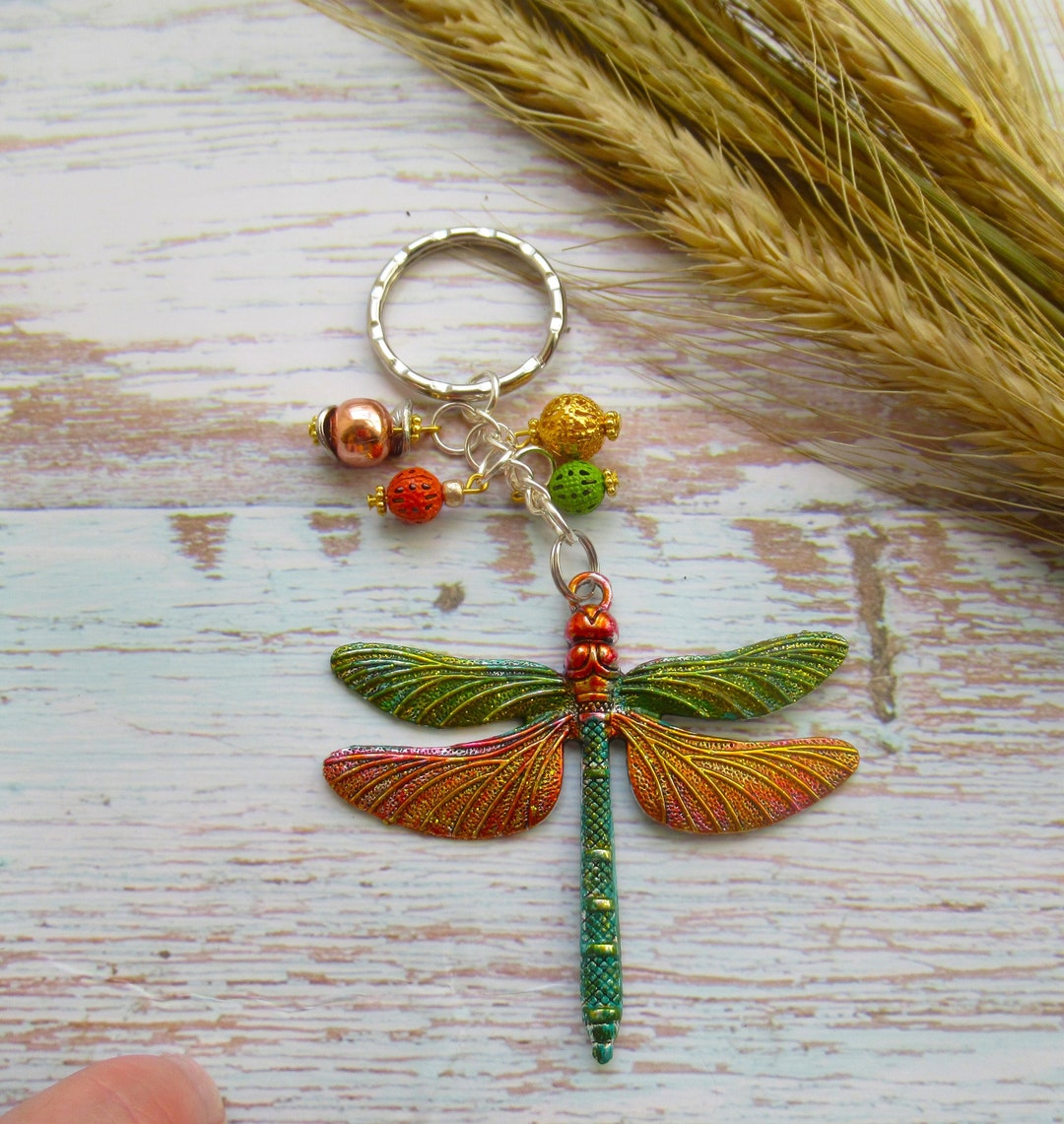 Large Dragonfly Key-ring Hand Painted Green Orange Bag Charm Mens ...