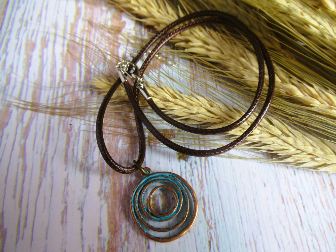 Copper Patina Circle Pendant: Boho Vegan Cord Necklace - Etsy