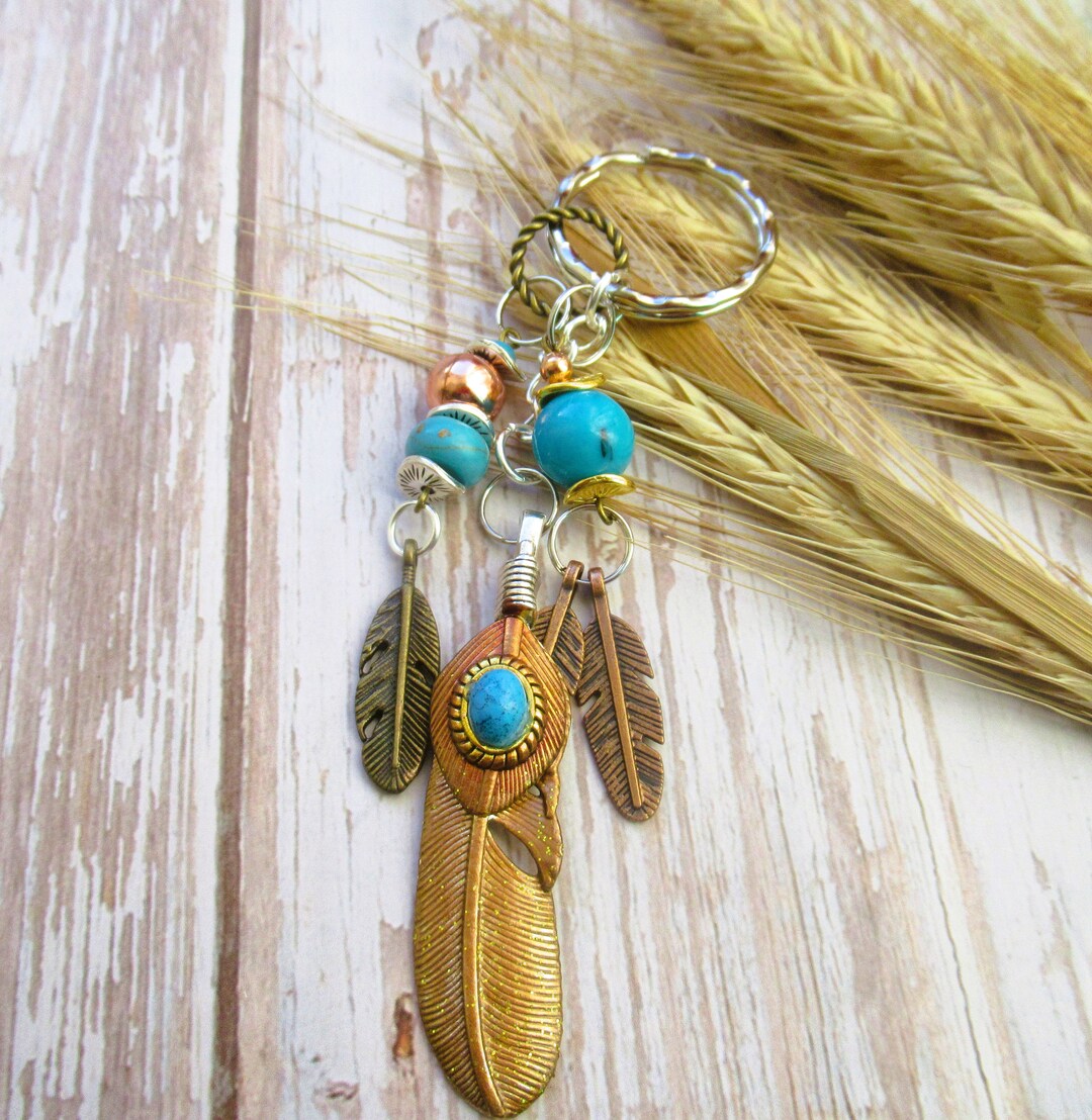 Copper and Silver Feather Key Ring, Painted Boho Key Chain, Native ...